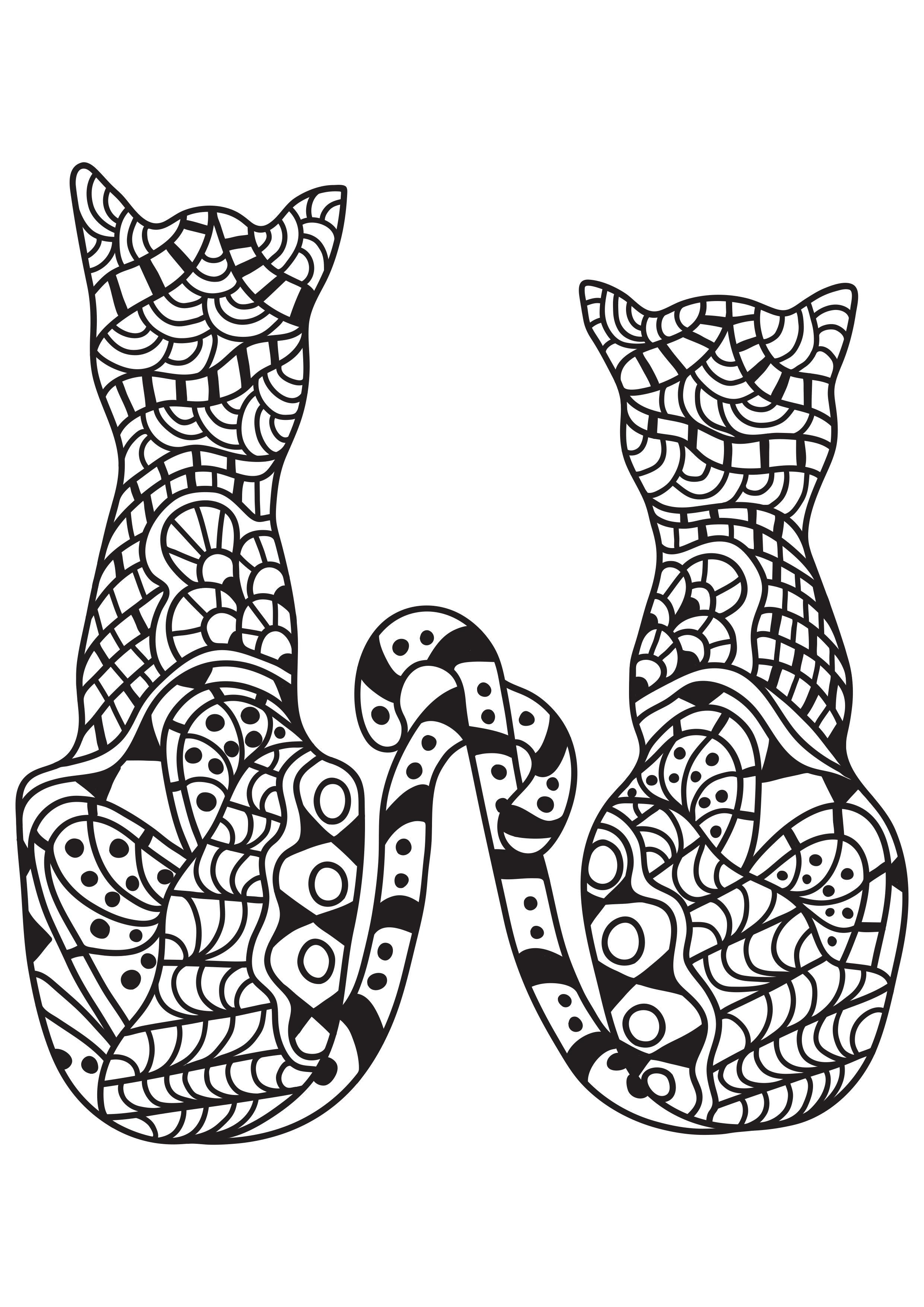 Coloring page of 2 kittens connected by their tails and decorated with ...