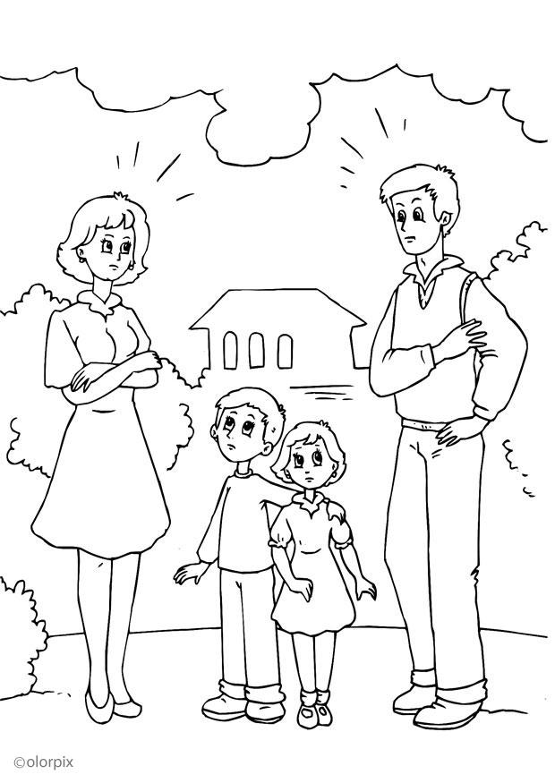 Coloring page of separation showing a woman and a man with their children