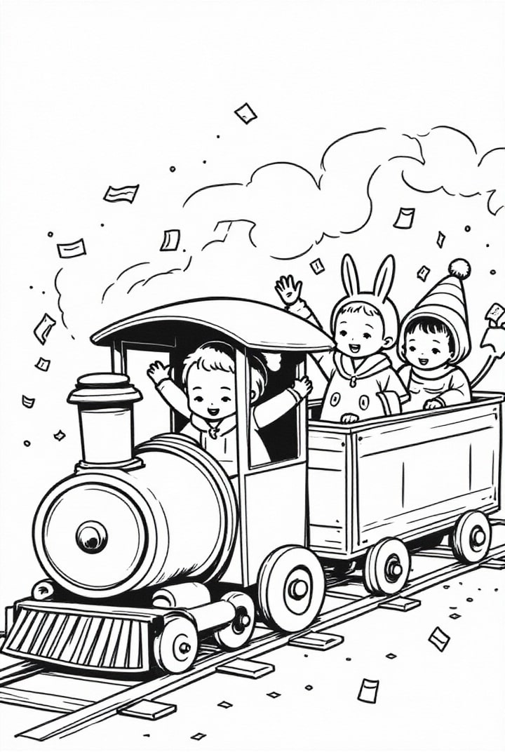 Coloring Page carnival party on a train - Free printables - Img 32119