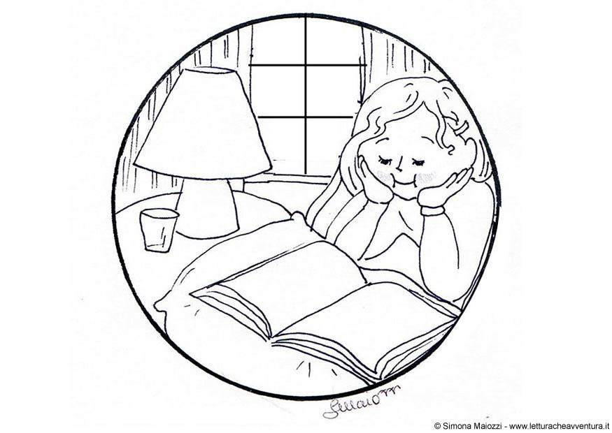 Coloring page of a girl sitting with a book on her lap