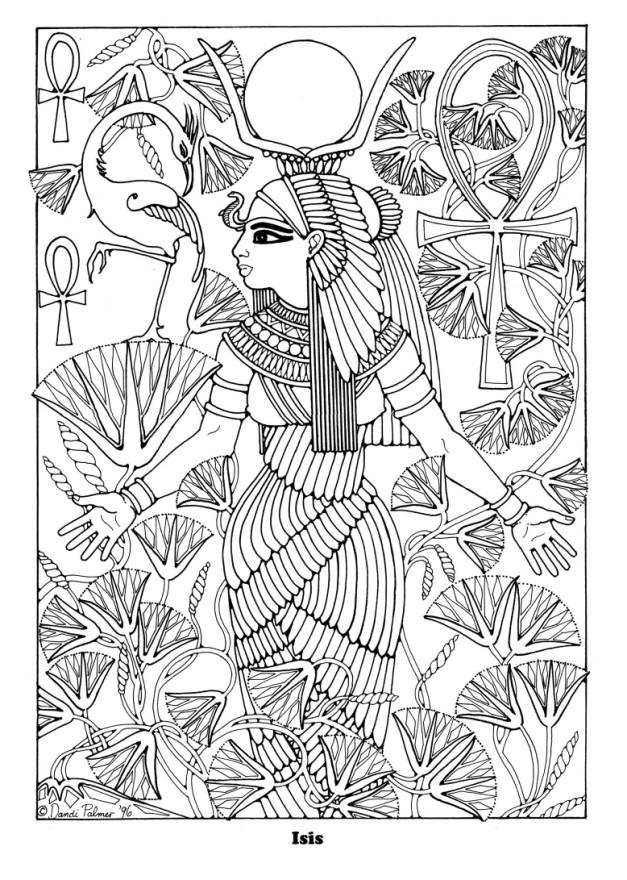 Coloring page of Isis standing with open arms among palm trees and symbols