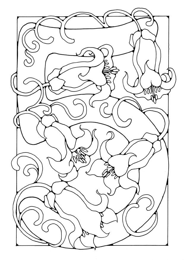 Coloring page of number - 5 surrounded by flowers and curls