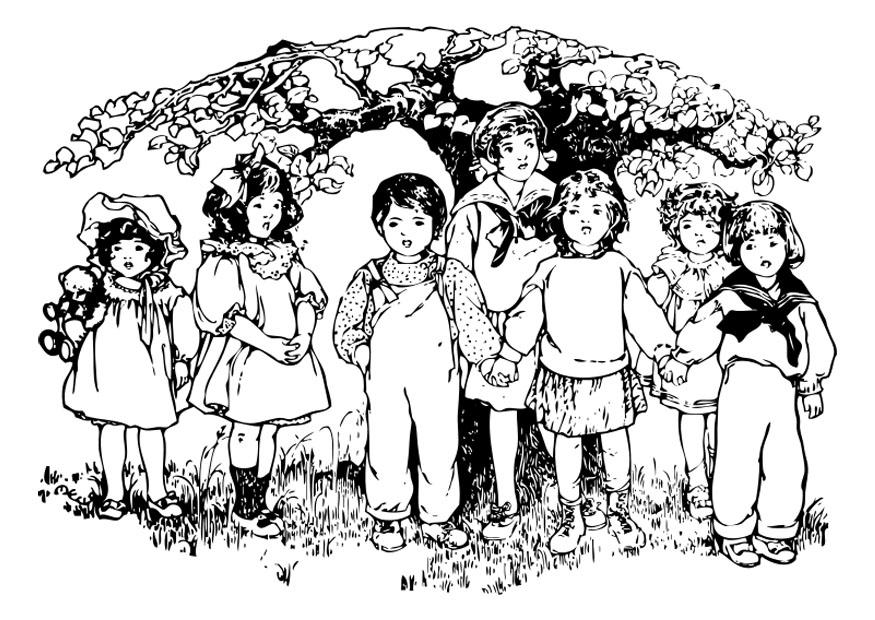 Coloring page of children standing hand in hand under a tree