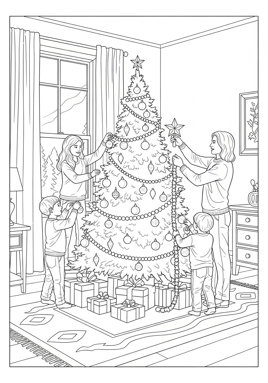 Coloring Page putting up a Christmas tree with family - Free printables ...