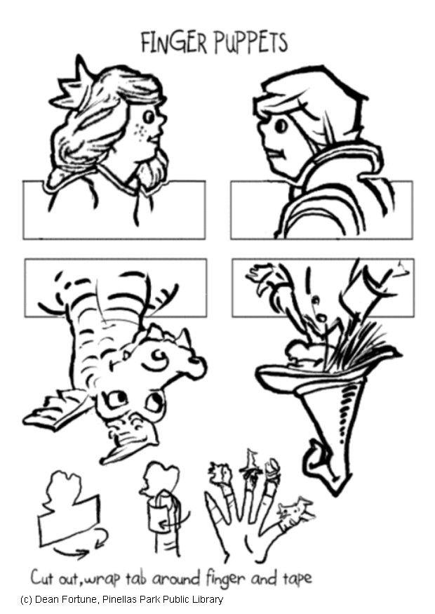 Coloring page of finger puppets showing different figures and ...