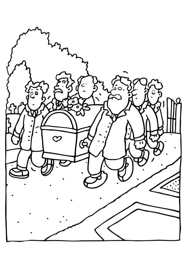 Coloring page of a funeral - a coffin being carried by a group of people